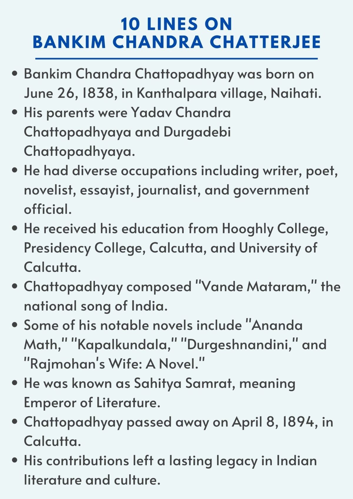 Bankim Chandra Chatterjee: 10 Lines, Essay & Paragraph
