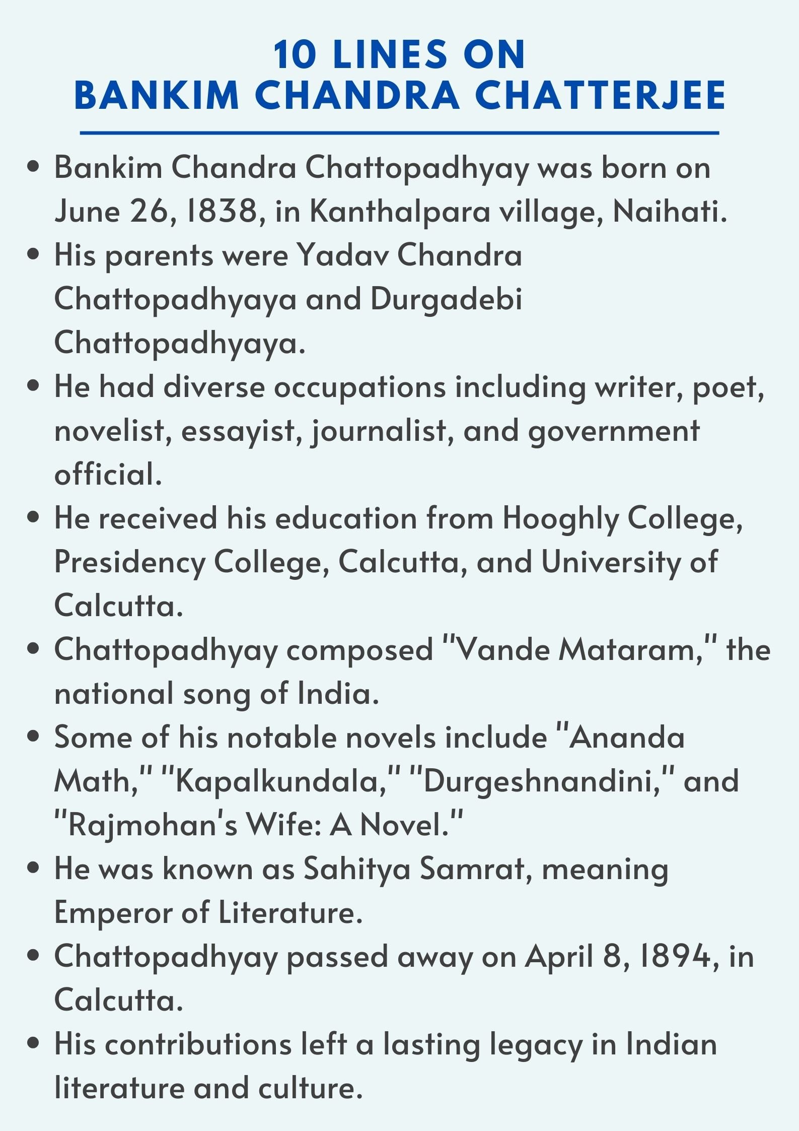 Bankim Chandra Chatterjee: 10 Lines, Essay & Paragraph